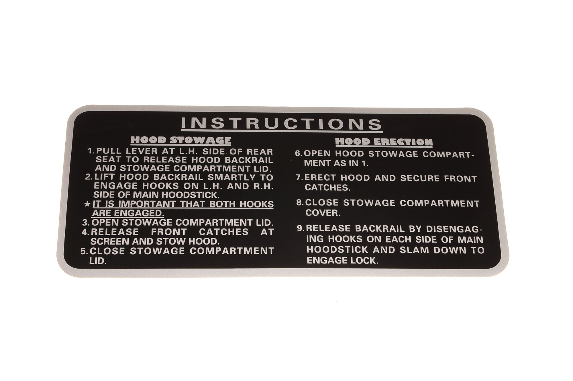 Label - Hood Stowage Instructions - On Sun Visor - RS1439