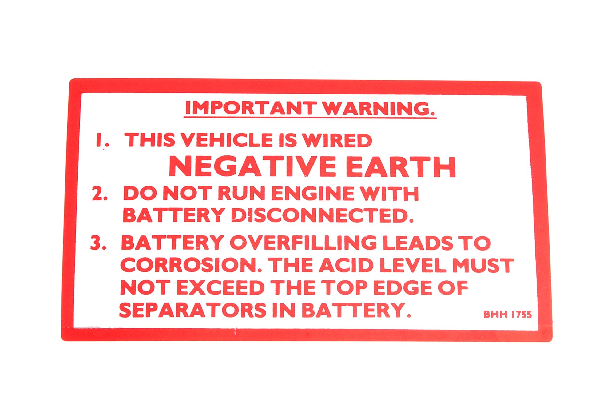 Decal - Negative Earth Warning - CRST115 | Rimmer Bros