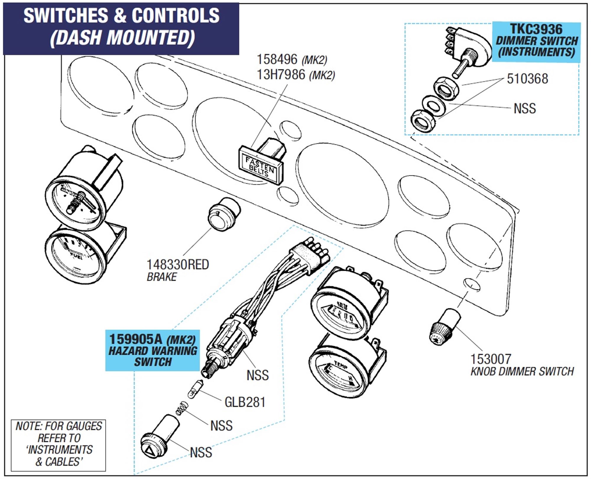 Triumph Stag Switches and Controls - Dash mounted | Rimmer Bros