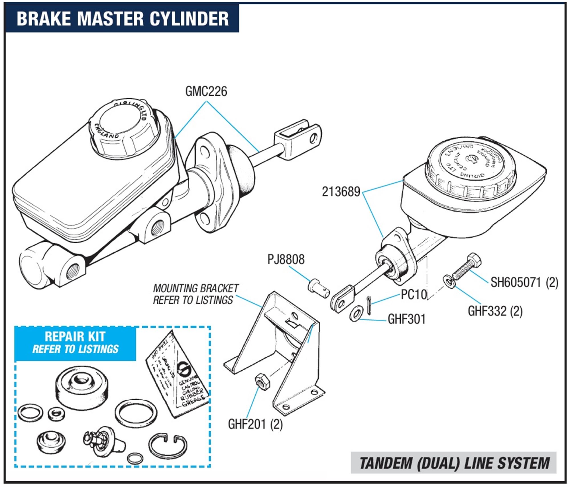Spitfire Brake Master Cylinder - Tandem (Dual) Line System