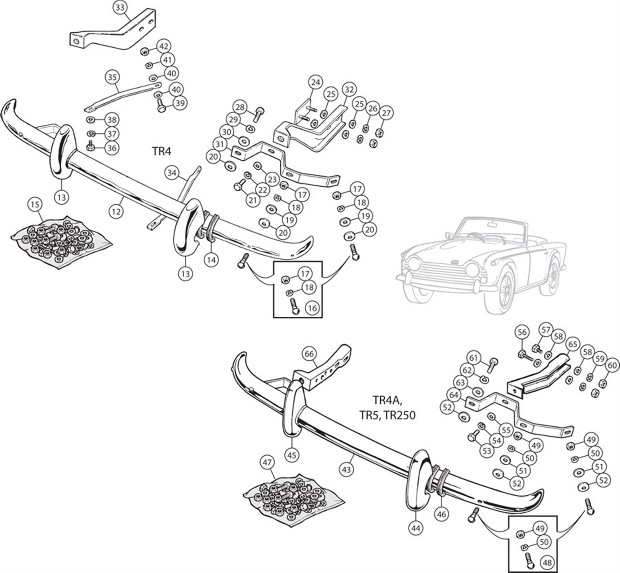 Triumph TR4-250 Front Bumper and Fittings | Rimmer Bros